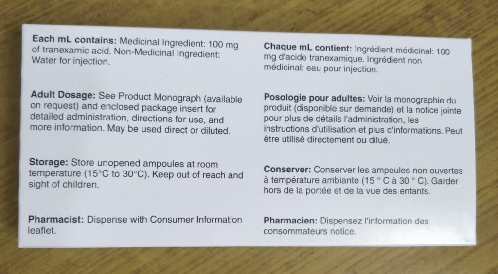 Tranexamic Acid Injection 100mg/ml, 10x5mL Ampoules - Auro Pharma Canada