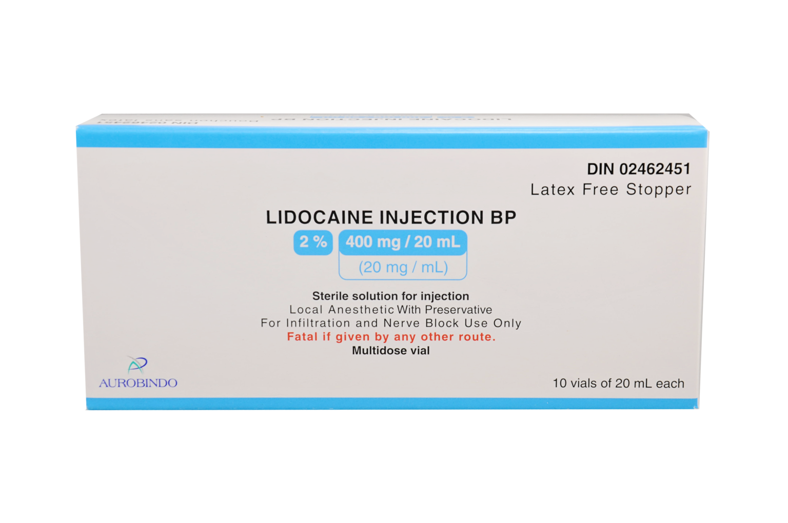 Lidocaine Injection BP 1%, 10X20ML Vials - Auro Pharma Canada